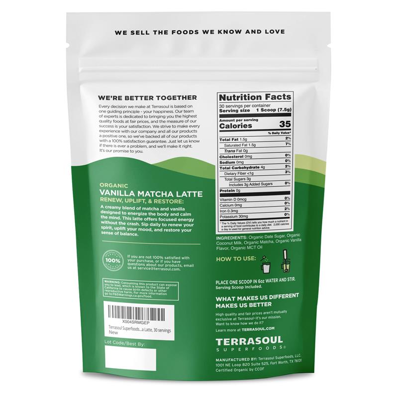 Vanilla Matcha Latte – 30 Servings – Terrasoul Superfoods